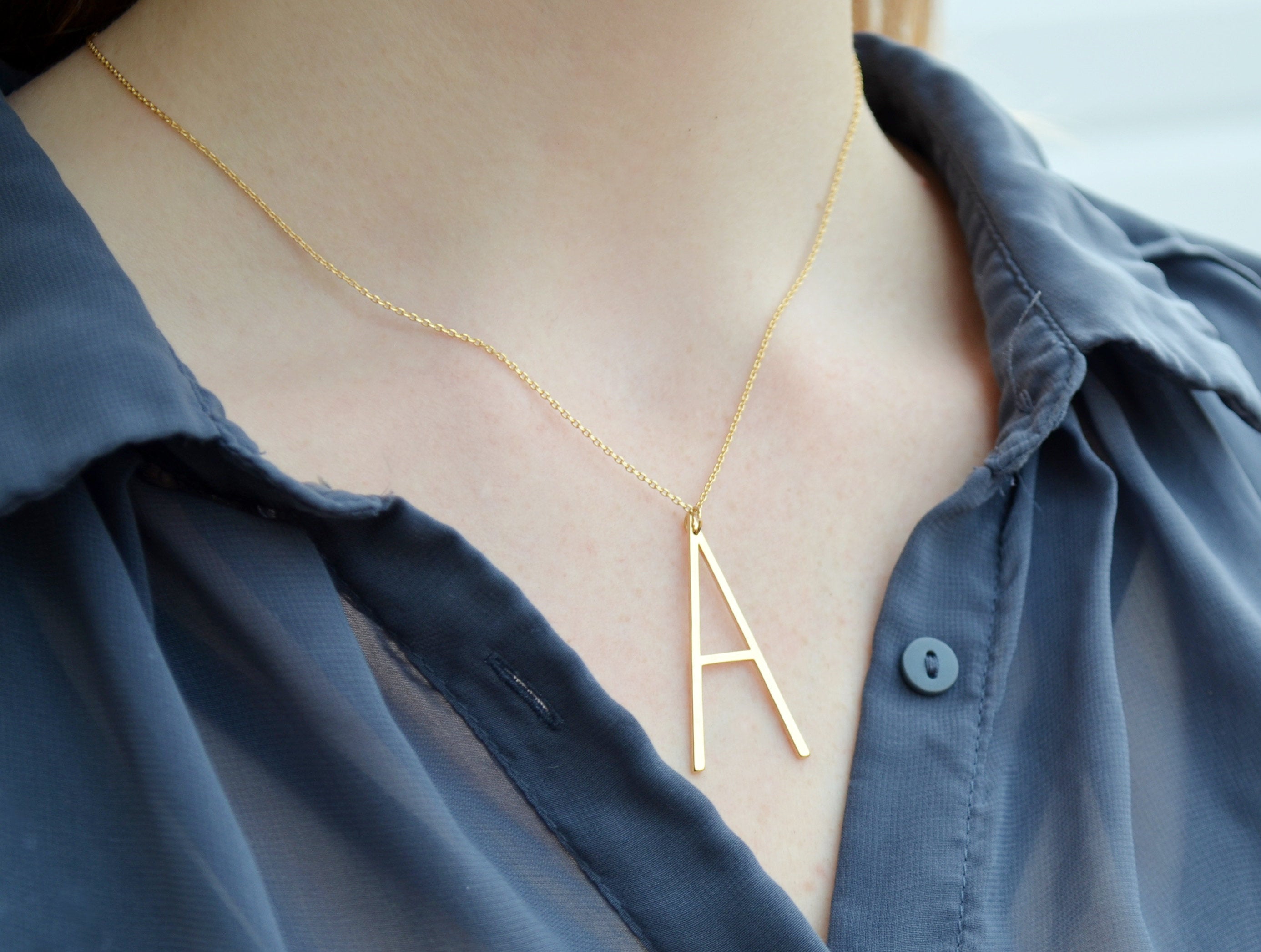 Large Initial Necklace, Hammered Large Letter Necklace, Birthstone Nec ...